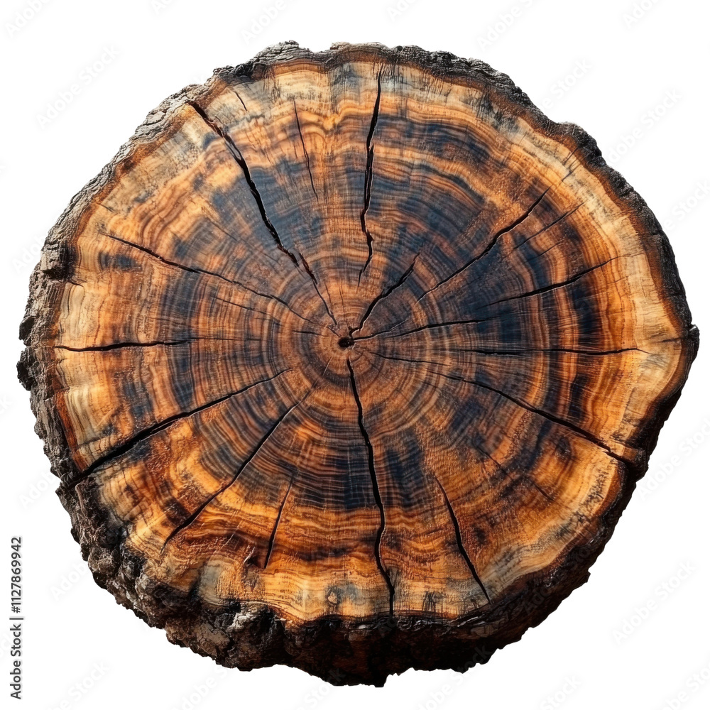 Tree stump cross-section with rich- dark wood grain isolated on ...