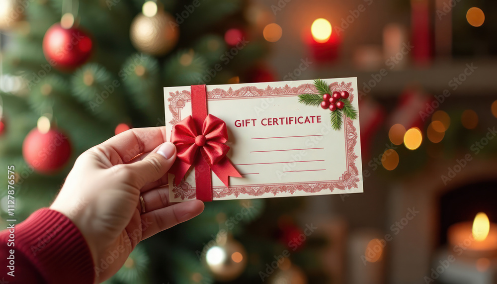 Hand holds decorative gift certificate. Christmas tree background. Red ...
