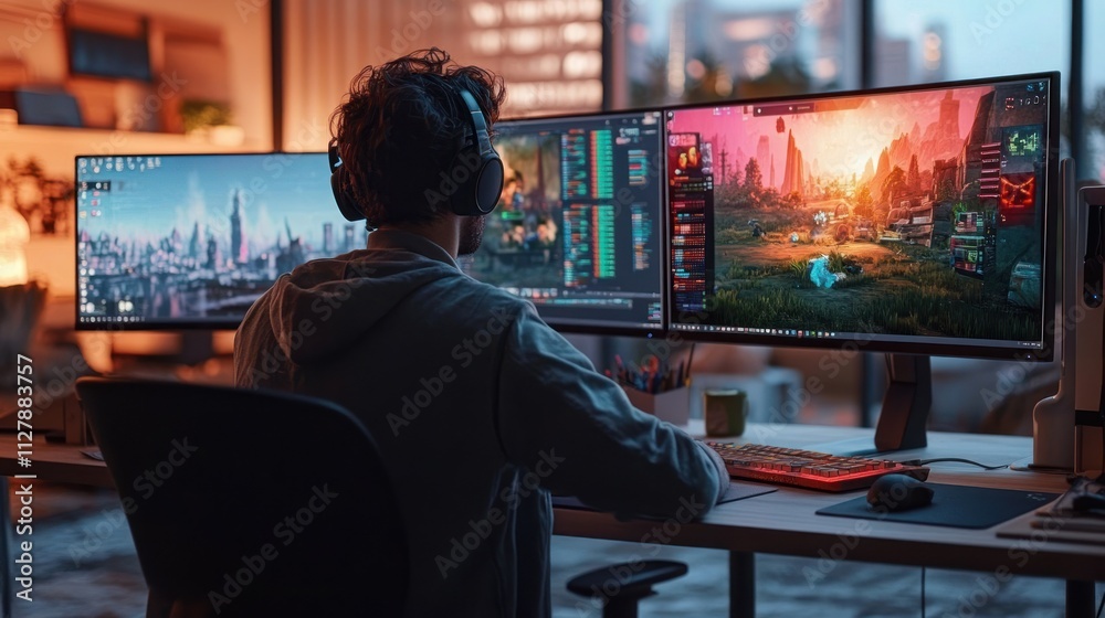 Indian Male Game Designer in Modern Office Using Desktop Computer with ...