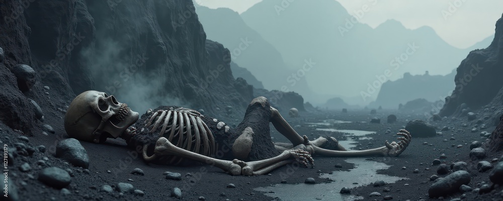 Ancient skeleton buried volcanic ash. Disaster scene. Landscape shows ...