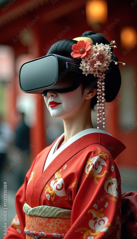 Japanese geisha wears VR headset. Traditional Japanese attire. Immersive tech experience ...