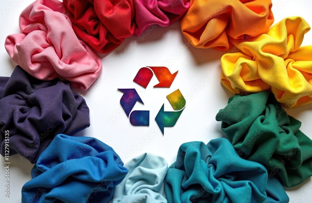 Colorful textile waste forms circle around recycling symbol on white ...