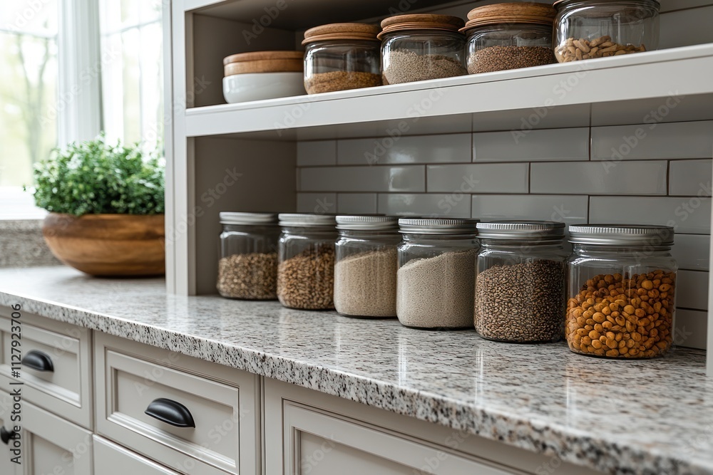 Organized pantry with glass jars of grains and legumes on granite ...