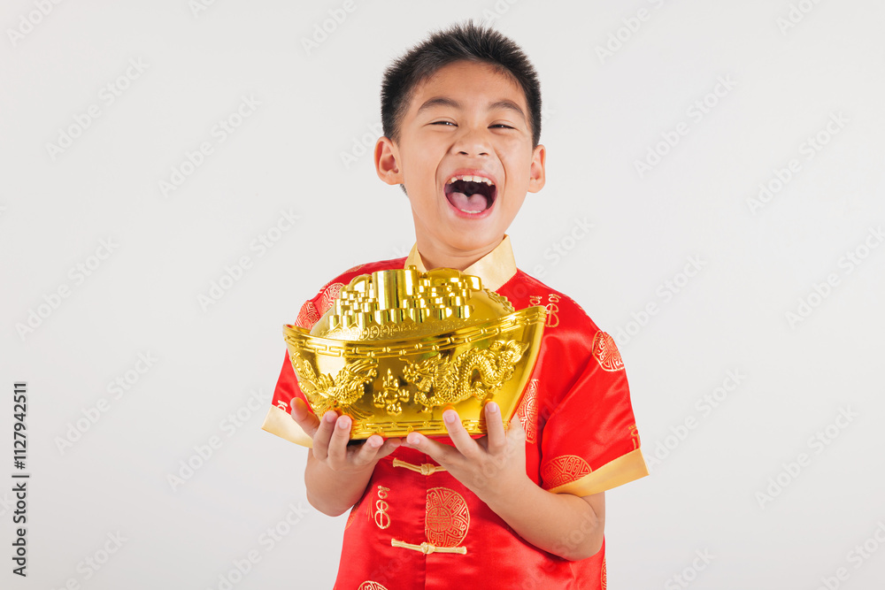 Chinese New Year. Happy Asian Chinese kid Boy smile wearing red ...