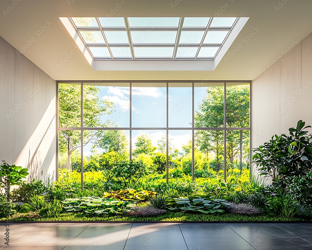 Skylight window ceiling flooding a green indoor garden with natural ...