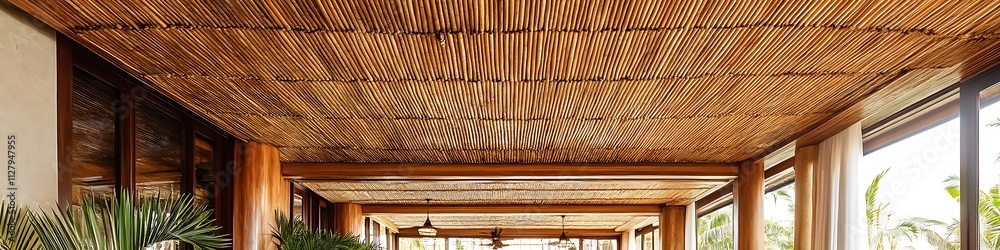 Textured bamboo ceiling creating a natural aesthetic in an eco-friendly ...