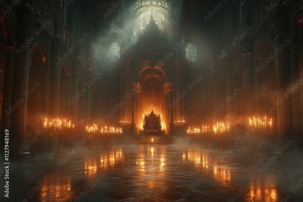 gothic throne room with ornate throne and candlelight in dark fantasy ...