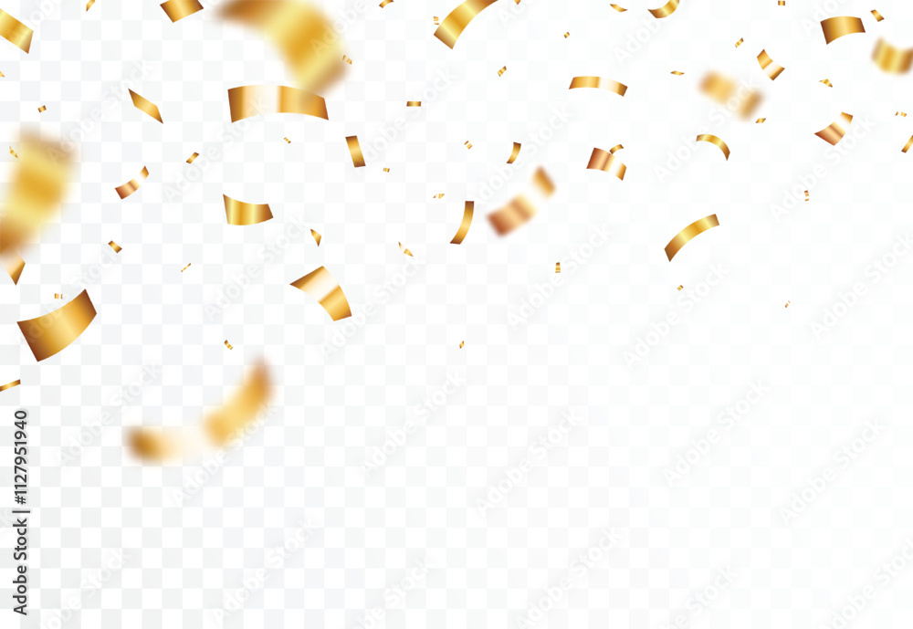 Gold Confetti and ribbons celebration party design element, Falling shiny gold confetti isolated ...