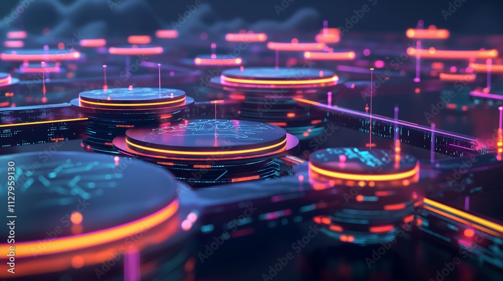 An abstract data landscape with floating platforms representing different databases, connected ...