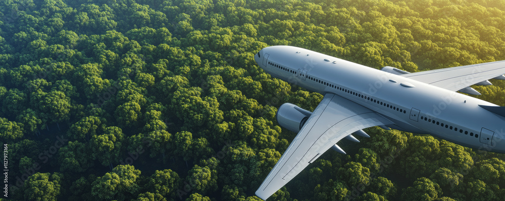 aerial view of passenger airplane flying over dense green forest under ...