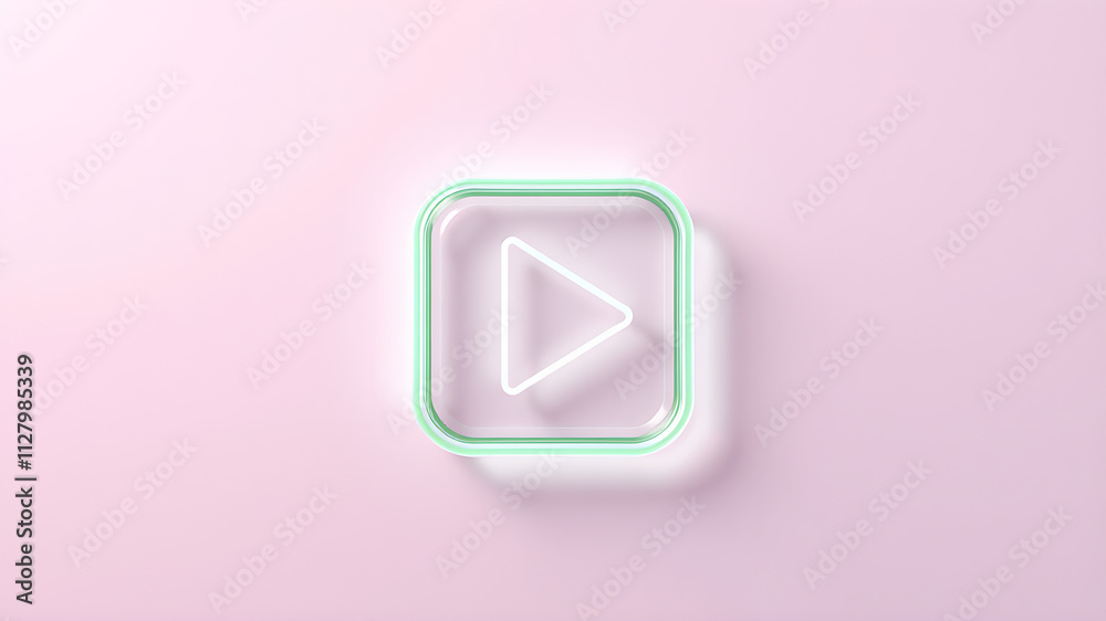 Abstract translucent glass play button icon with glowing pastel green ...