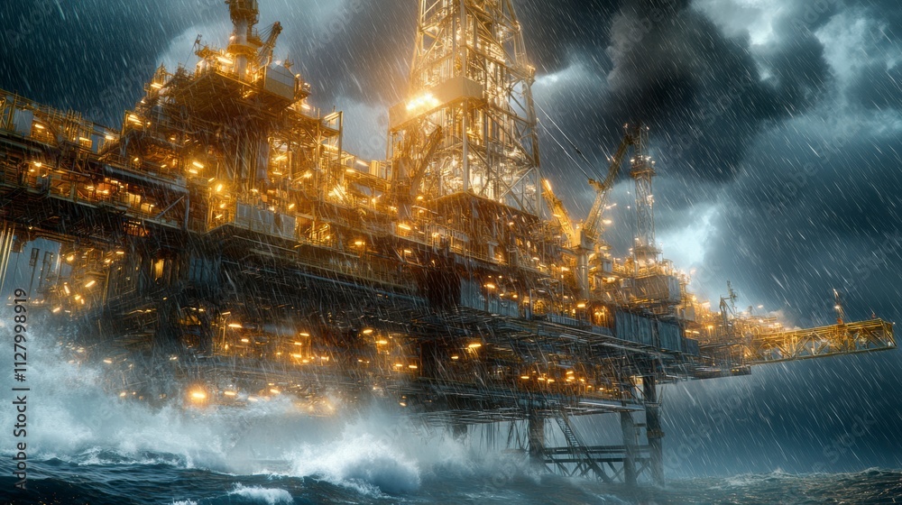Offshore oil rig in stormy ocean, illuminated at night, showcasing ...