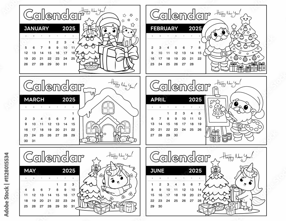 A 2025 calendar designed in a charming coloring page style, featuring ...