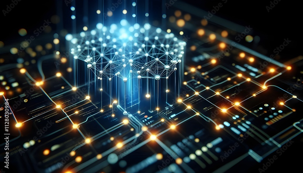 Generative AI, Close-up of a neural network structure with glowing data ...