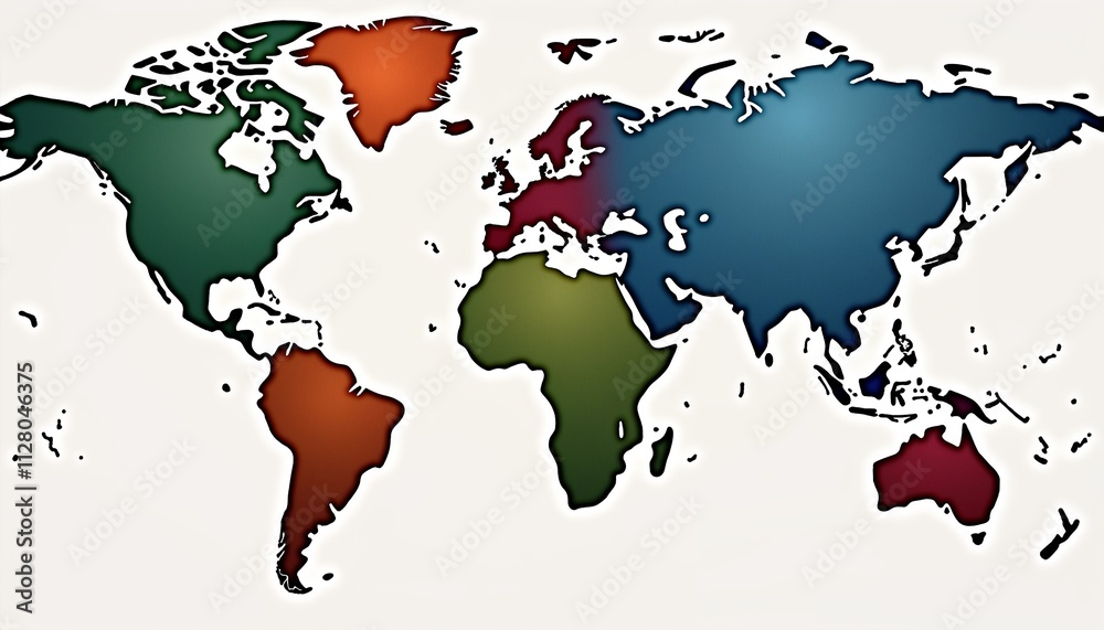 Colorful world map illustration depicting continents in bold shades for ...