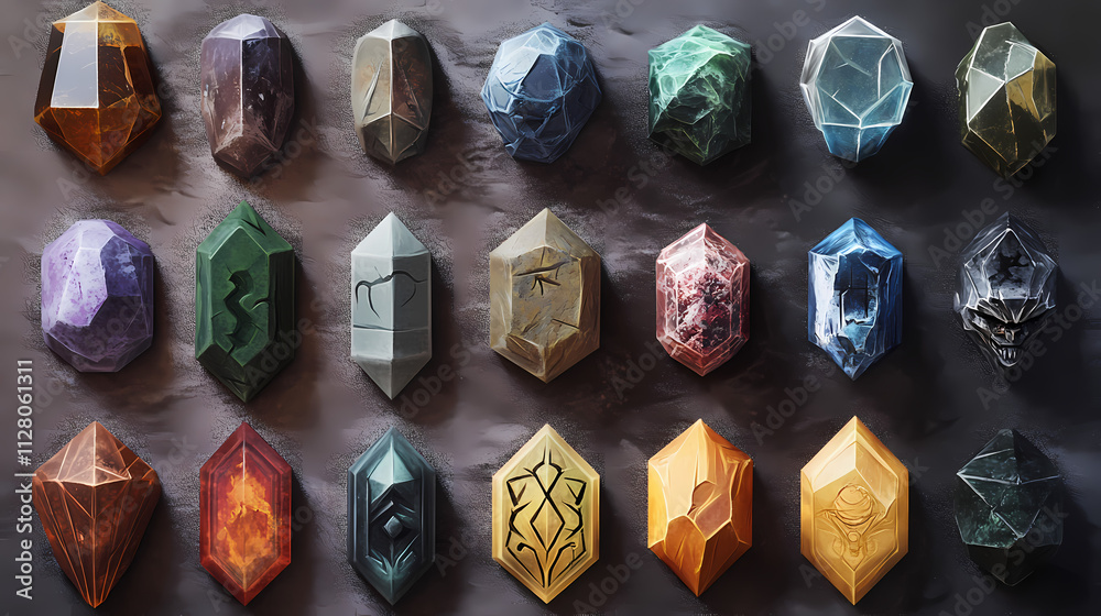 3d 2d icon of various different magic crystals for game design and ...