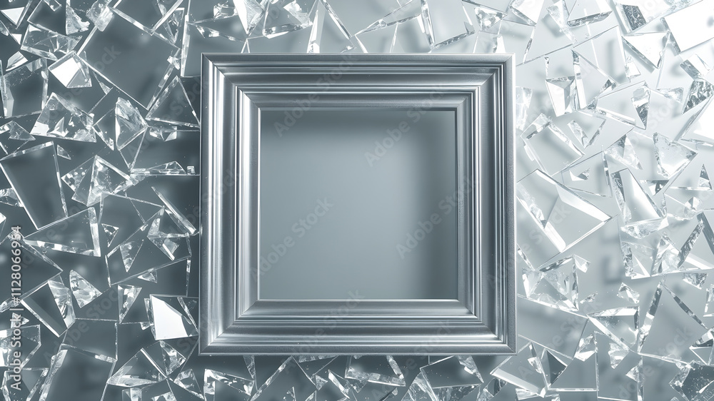 Silver square frame surrounded by a fragmented glass environment, with ...