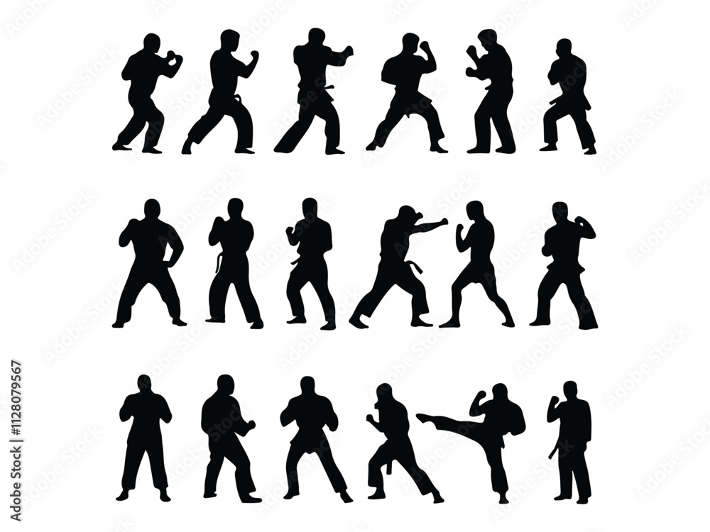 various dynamic poses, such as fighting stances, punching, kicking, and ...