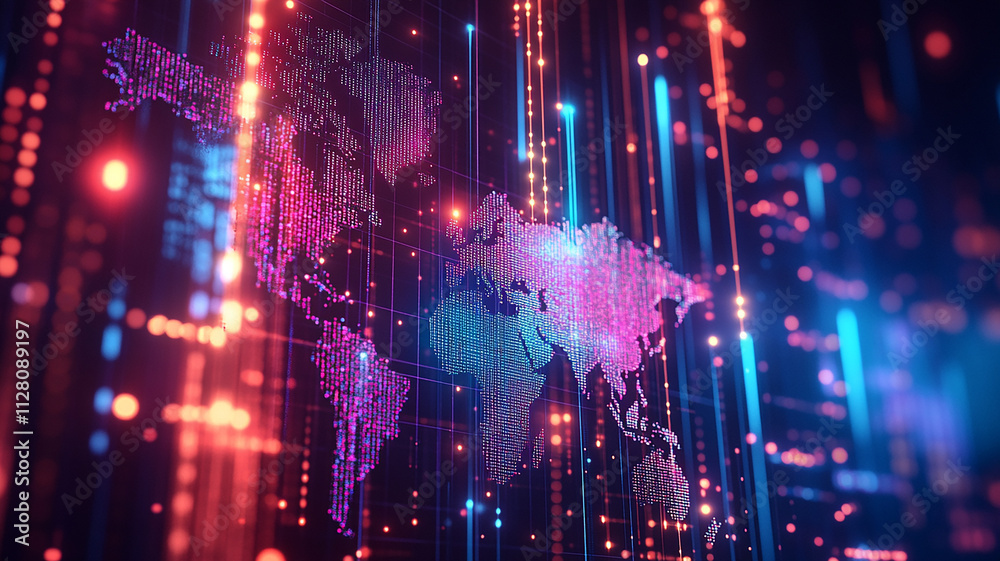 lights illuminates a detailed map of the world with technology concept ...