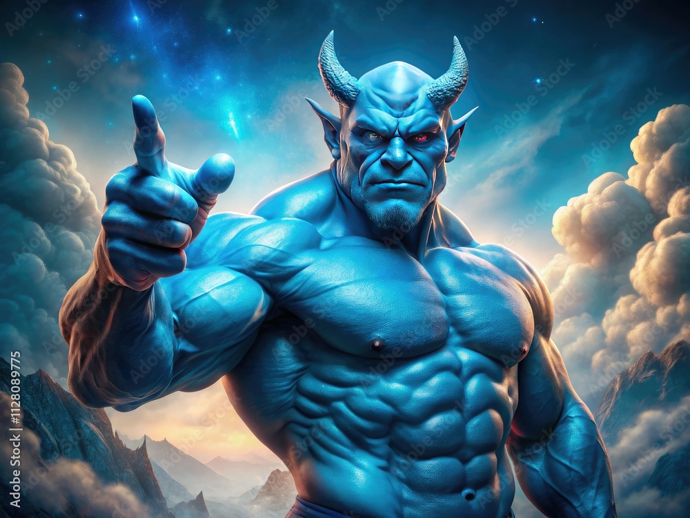 High-angle CGI shot: a gigantic, blue-skinned fantasy creature with a ...