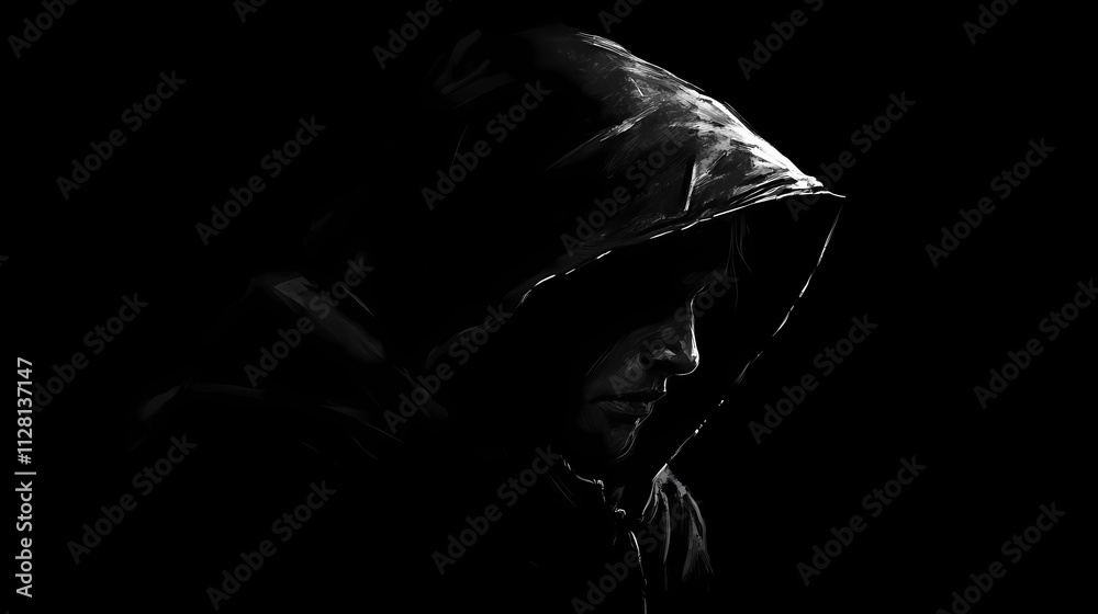 Mystery person in dark hoodie with hidden face, shrouded in shadow ...