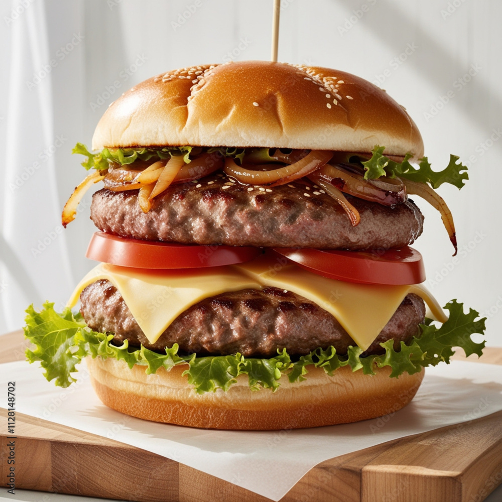 Classic Beef Burger Isolated pieces on a white background Shows soft bread Thick hamburger ...