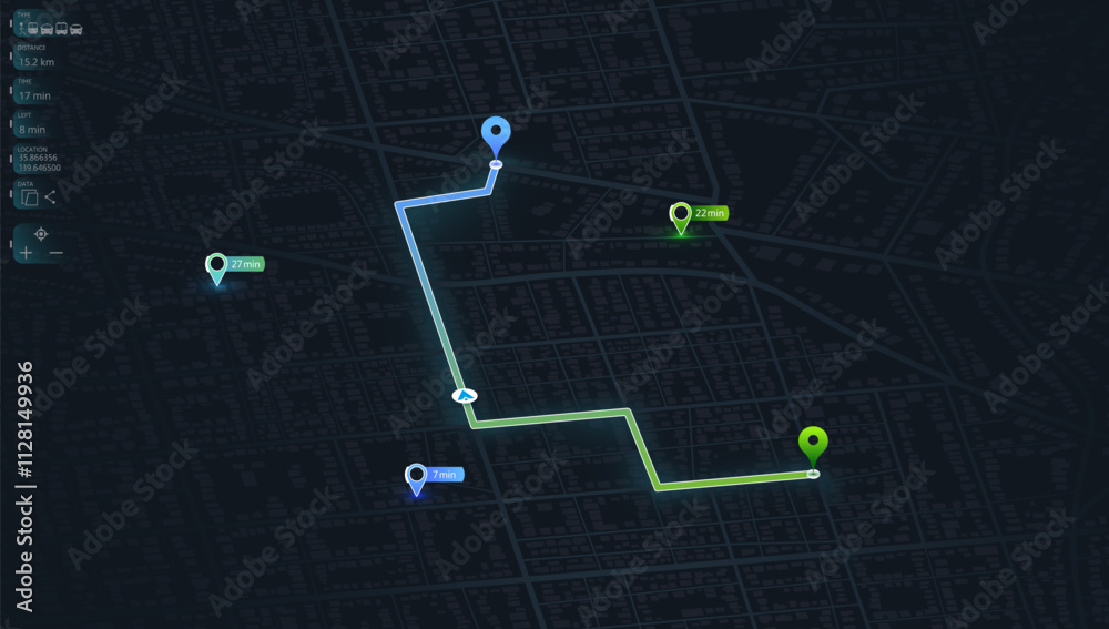 City map with route from one point to marked by line. Route and ...