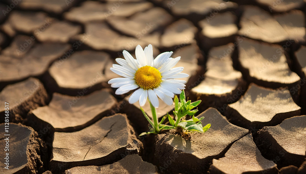 One daisy flower sprouts through dry cracked soil. Symbol of soul ...