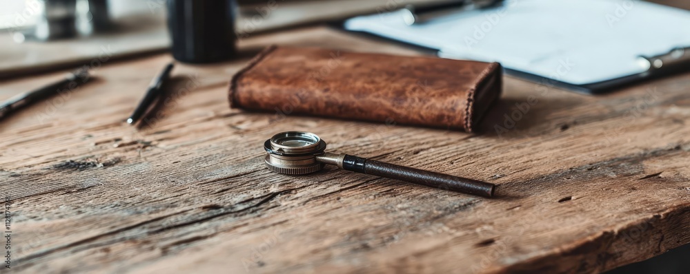 Vintage-style otoscope with aged leather case on a historical doctor s ...