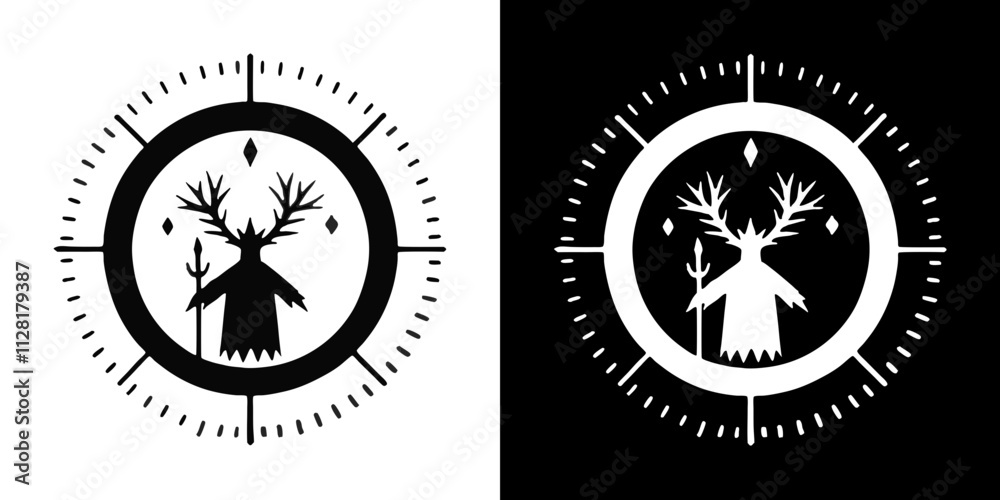 Shamanism concept symbol featuring a figure with antlers in contrasting ...