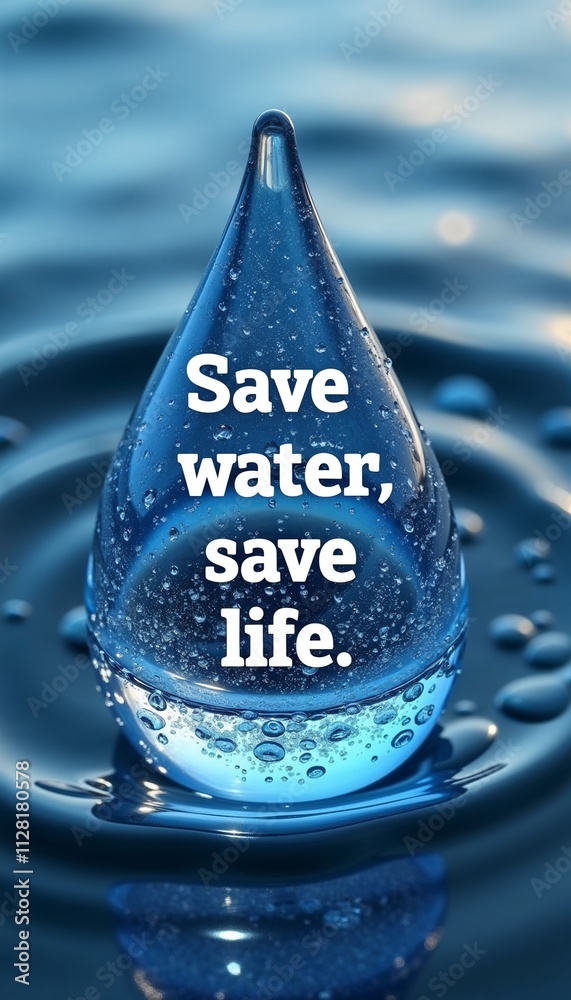 Earth Day poster with a water droplet and the message "Save water, save ...
