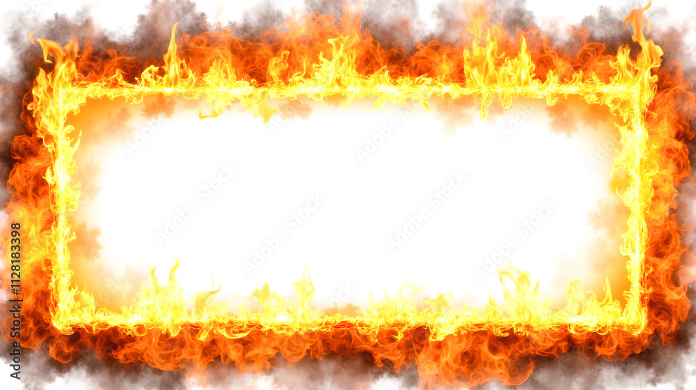 Glowing fire rectangular frame isolated on white, burning flames with bright heat, orange and ...