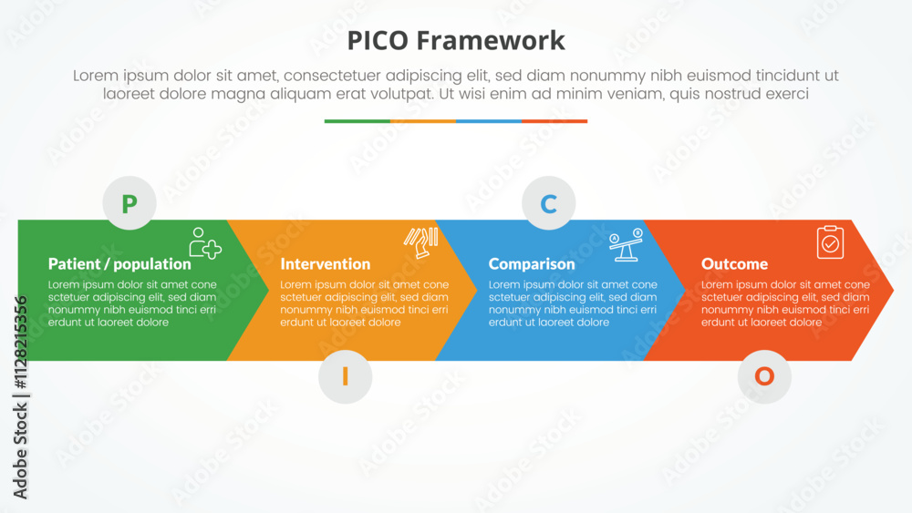 PICO framework infographic concept for slide presentation with arrow ...