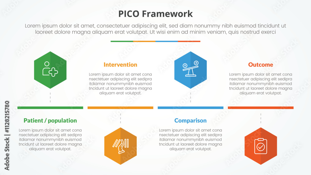 PICO framework infographic concept for slide presentation with hexagon ...