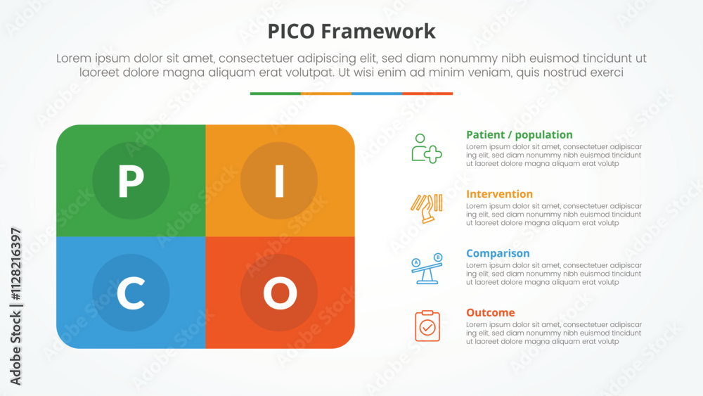 PICO framework infographic concept for slide presentation with round ...