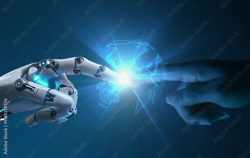 AI, Machine learning, Hands of robot and human touching on big data ...