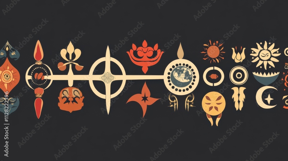 A row of different cultural symbols merging into a common thread ...