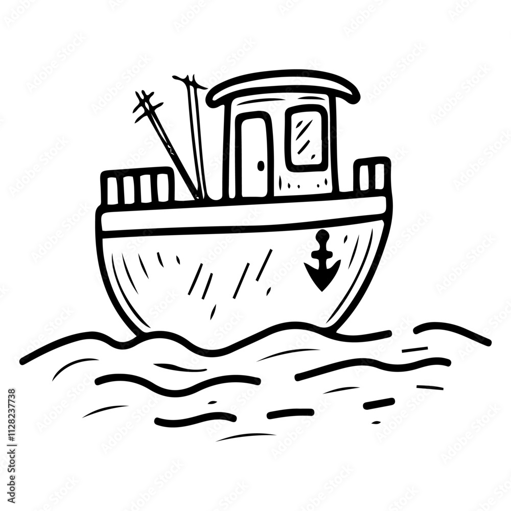 Fishing boat hand drawn doodle. Trawler. Sea ship. Catch fish with a ...