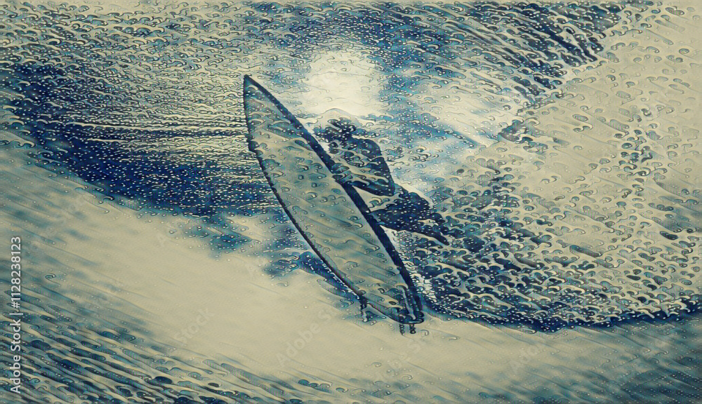 Stylized photo of the teen boy surfer dives under the wave with surfing ...