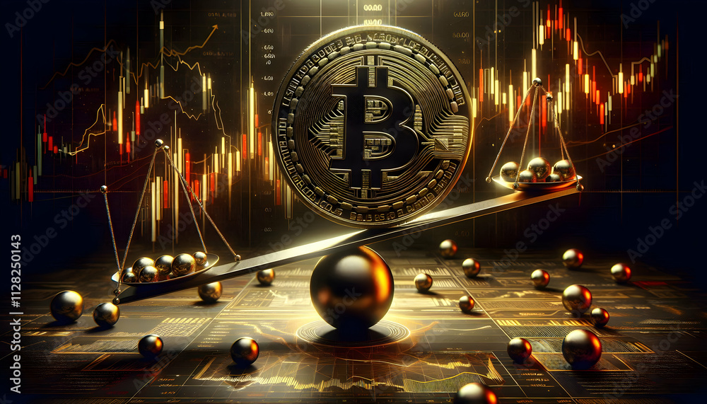 Bitcoin Crypto A dramatic digital artwork of a Bitcoin coin balanced on ...