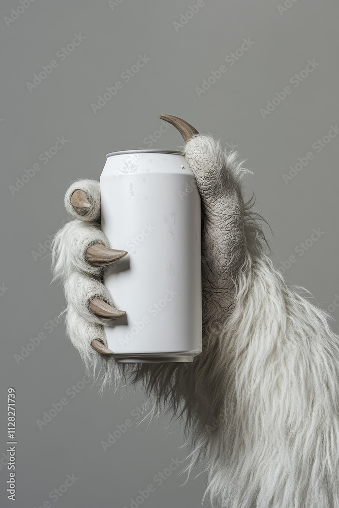 A furry monster hand with claws grips a blank beverage can, emphasizing ...
