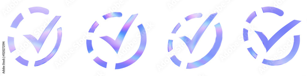 Set of 4 3d glass in progress with check mark in a circle outline shape ...
