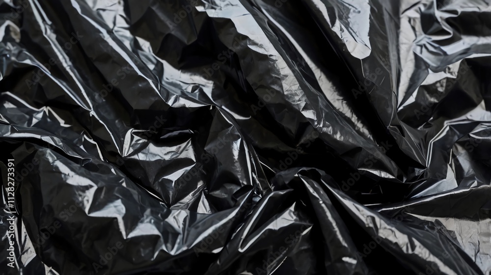 Crumpled sheet of black polythene plastic wrap close up. Background ...