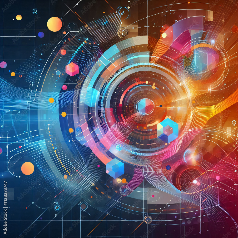 abstract background future technology Tech circle. Multi-colored glowing neon with beam moving ...