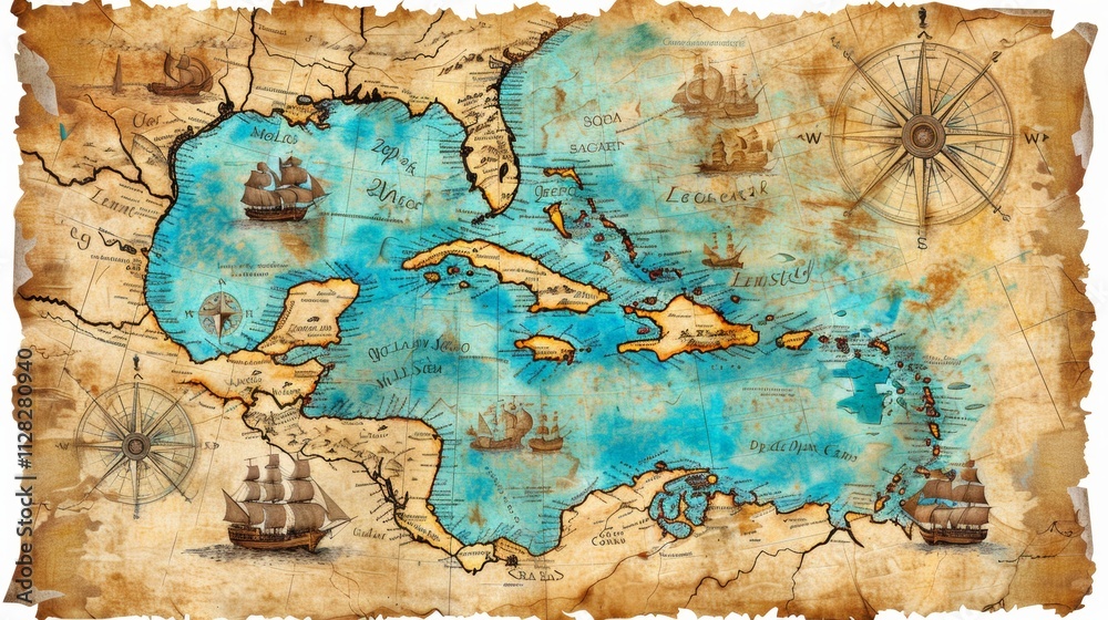 Antique Treasure Map: Caribbean Islands Exploration Chart, Vintage ...