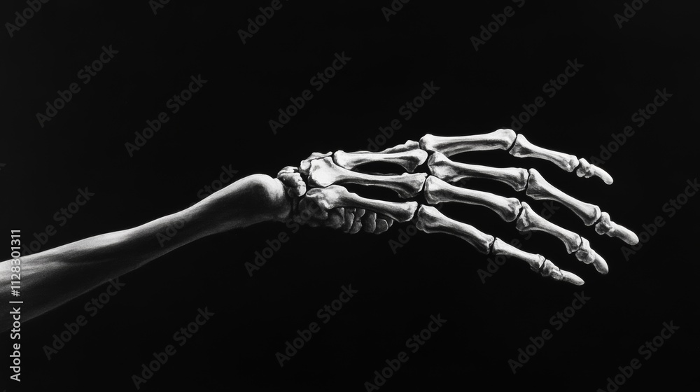 Monochrome image of a detailed skeleton hand reaching out, emphasizing ...