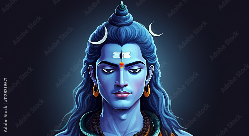 Serene digital artwork of Lord Shiva with flowing hair, crescent moon ...