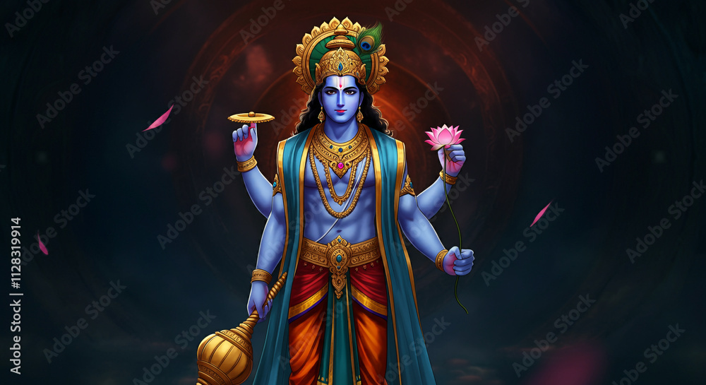 Majestic portrayal of Lord Vishnu holding a conch and lotus, adorned ...