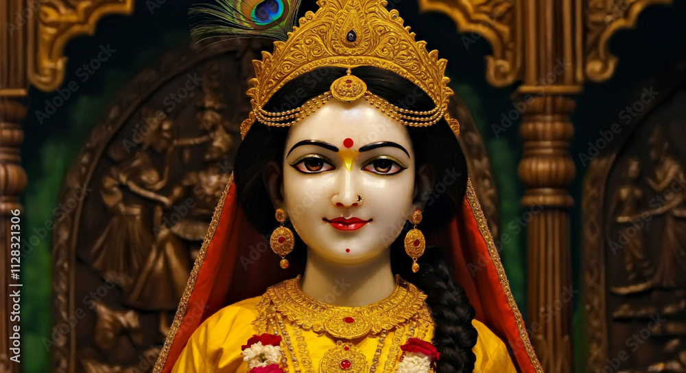 Majestic portrayal of Goddess Radha in traditional golden attire, set ...