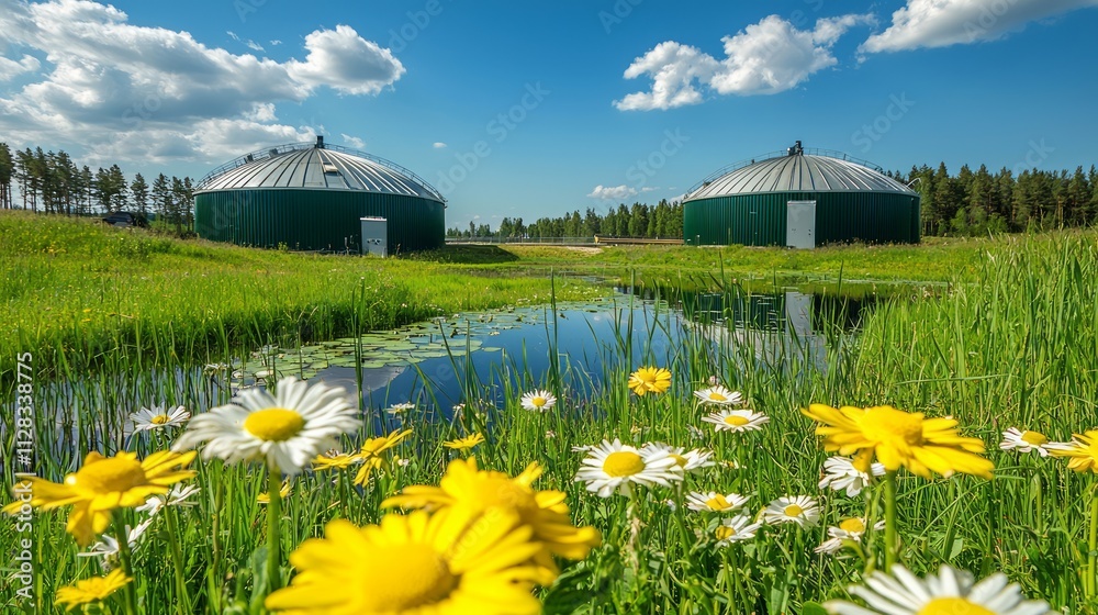 Sustainable Biogas Production: A fermentation tank surrounded by eco ...